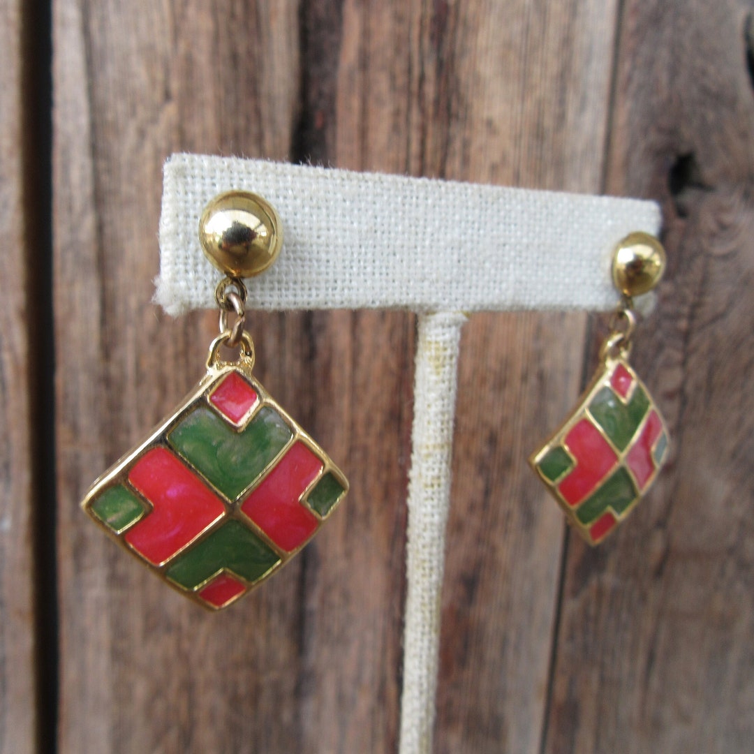 80s 90s Enamel Gold Tone Grid Earrings | Chunky Square Dangle Earrings ...