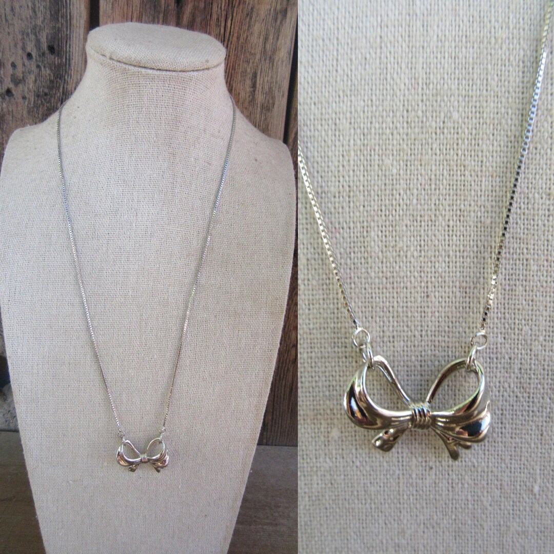 90s Y2K Silver Tone Bow Necklace | 20" Dainty Minimal Minimalist Bow ...