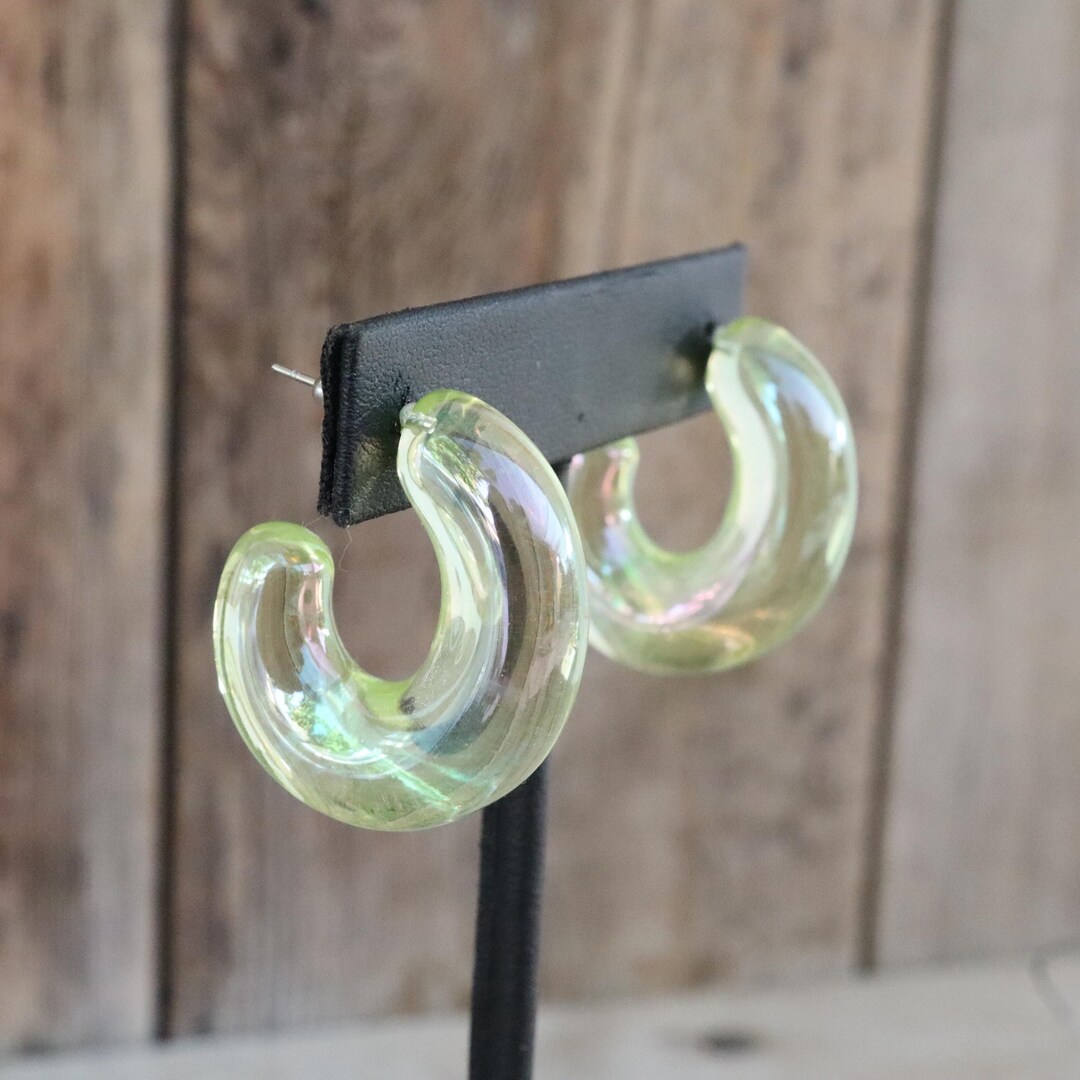 80s 90s Light Yellow Warbled Oil Slick Resin Hook Hoops | J Shaped ...