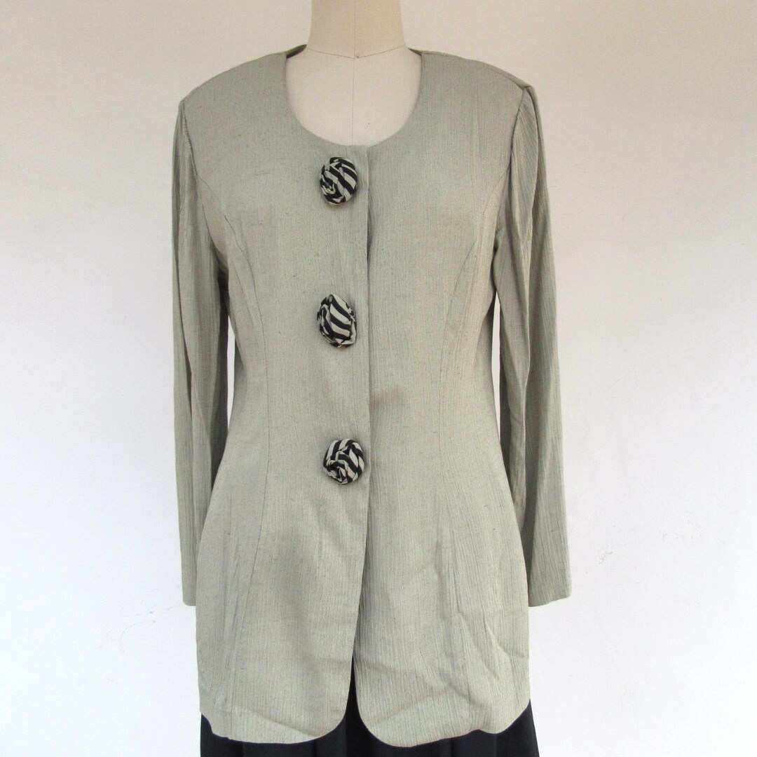 90s Sage and Black Crinkled Rayon Blazer Officecore Oversized Rosebud ...