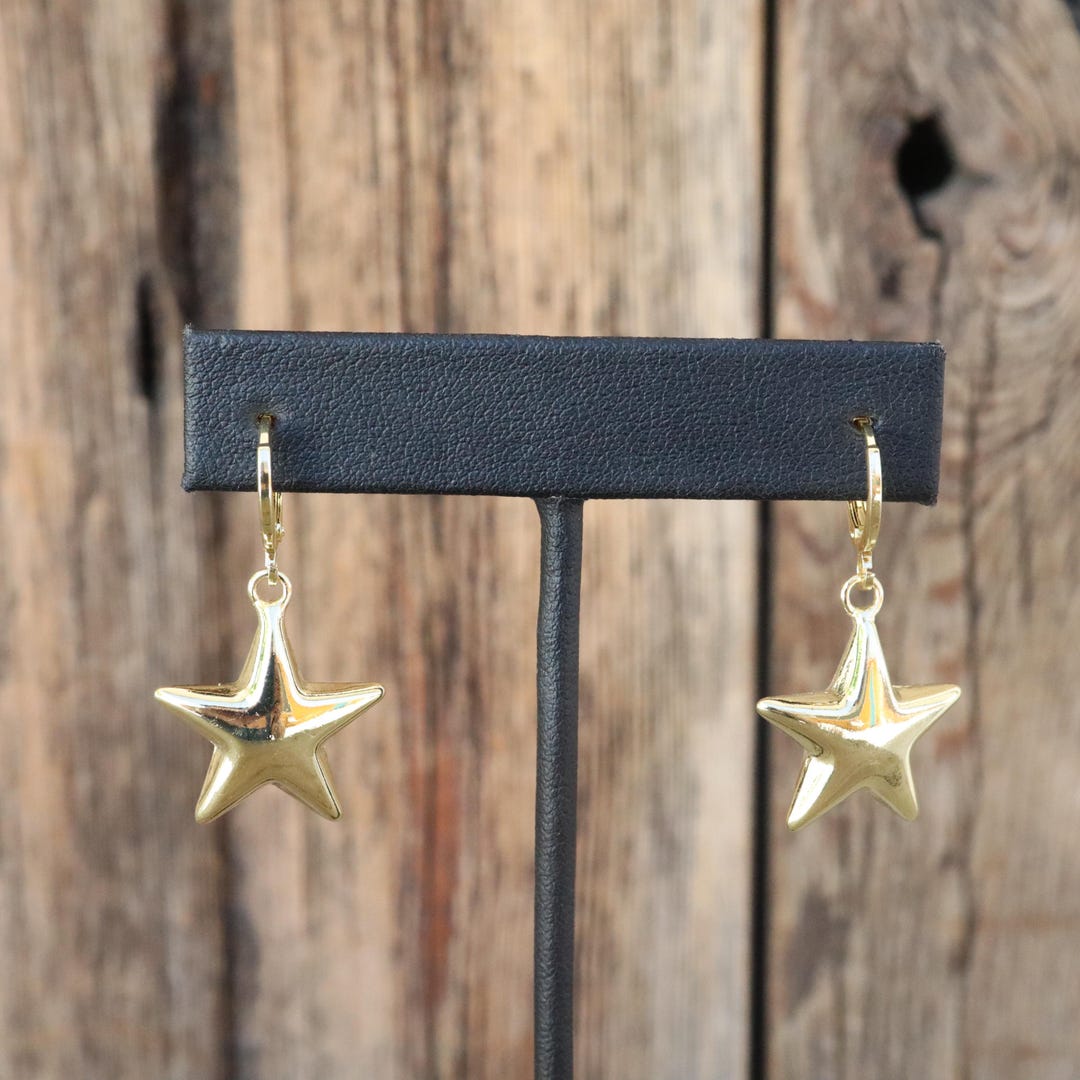 Y2K Gold Tone Star Hoops | Star Dangle Hoops | Puffy Star Hoops | Small ...
