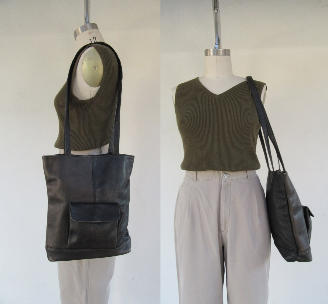 80s 90s Black Oiled Leather Tote Bag | Pocket Satchel | Colombian Black ...