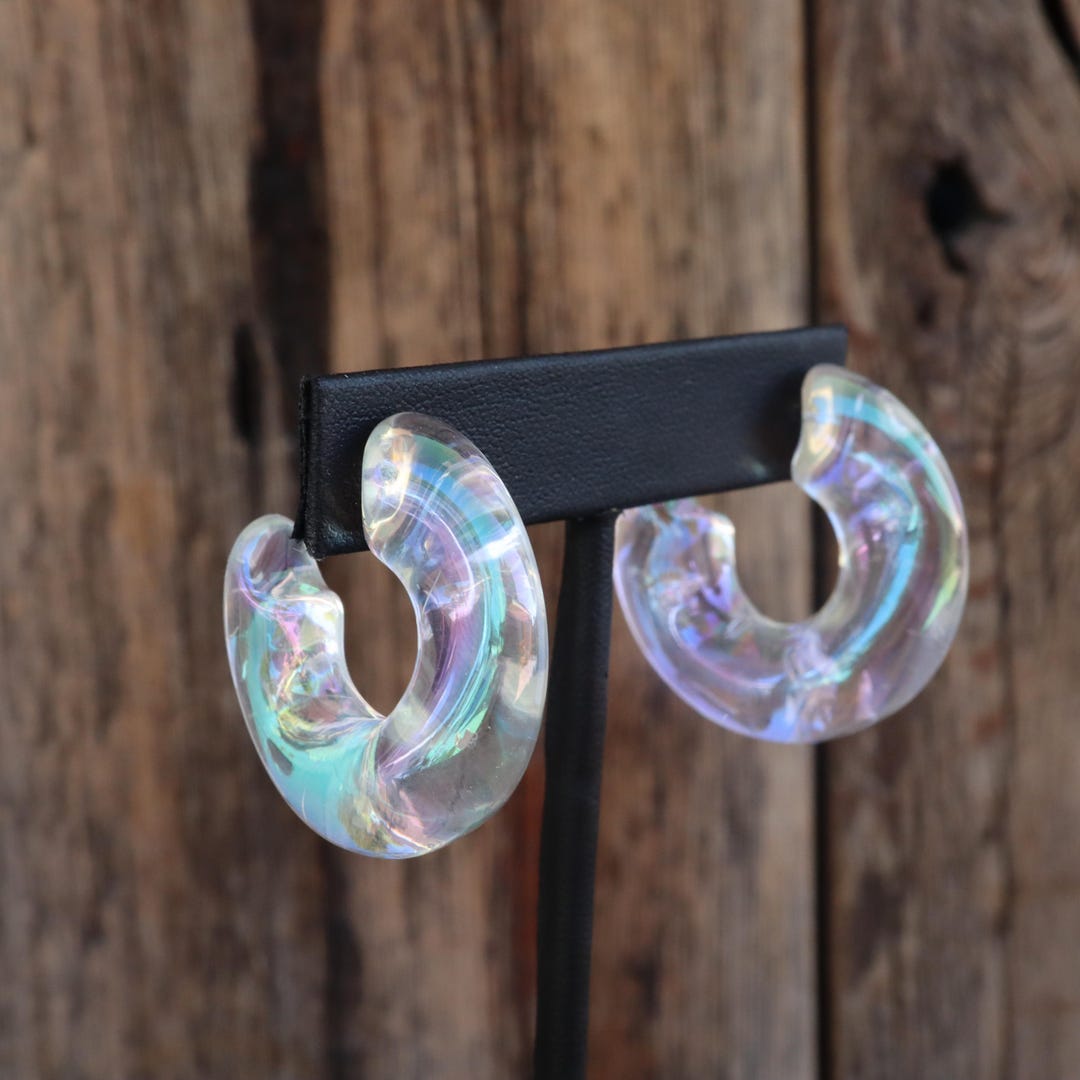 80s 90s Warbled Oil Slick Resin Hoops | Clear Rainbow Chunky Resin ...