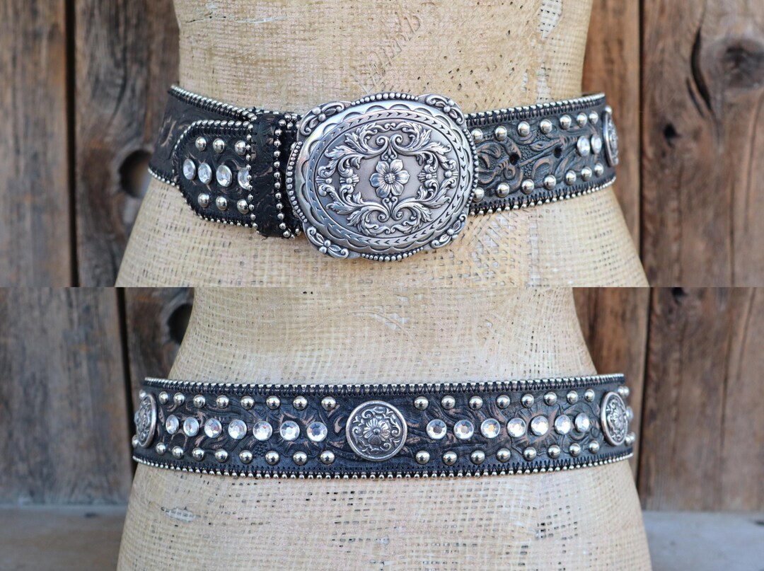 90s BB SIMON Concho Tooled Leather Embellished Studded Rhinestone Dark ...