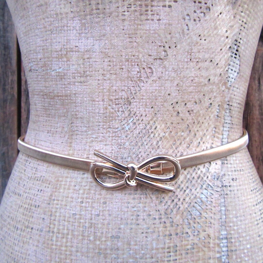 1990s Gold Metal Bow Tie Stretch Belt | 80s 90s Bow Buckle Gold Metal ...