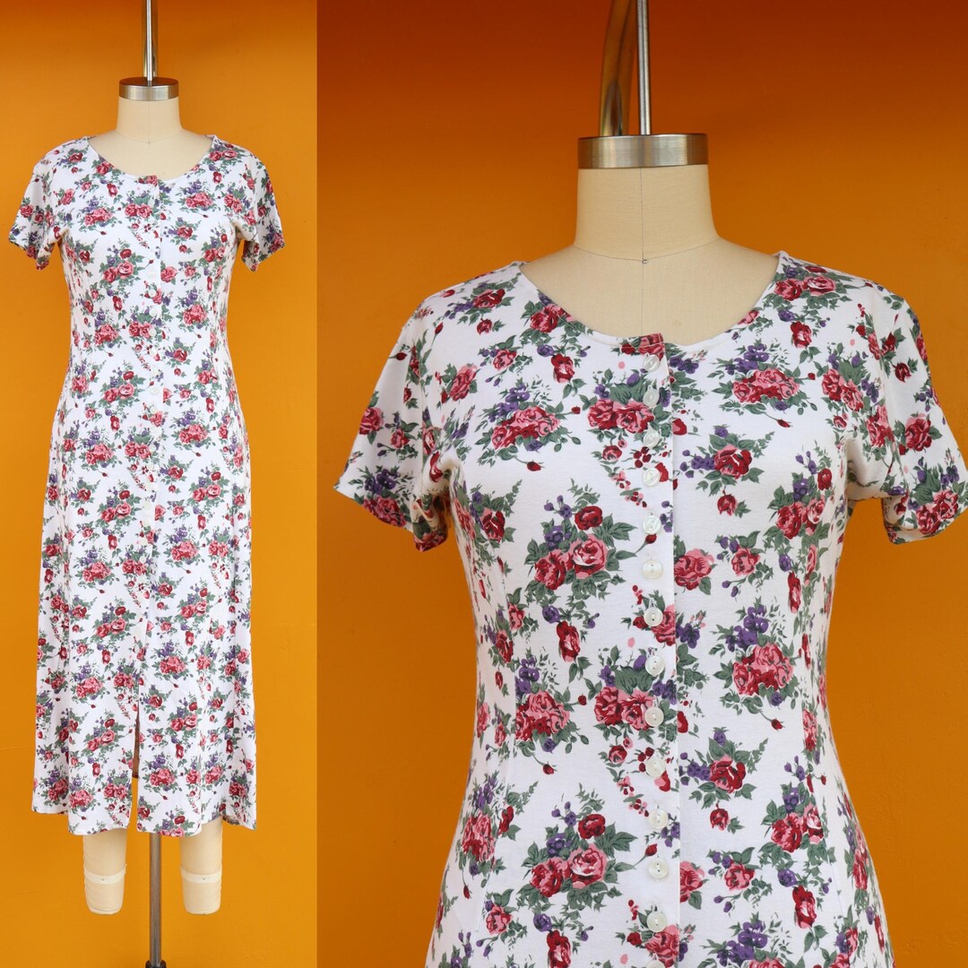 90s Cotton Blend Ditty Floral Botanical Long Dress | Rose Print Flower ...