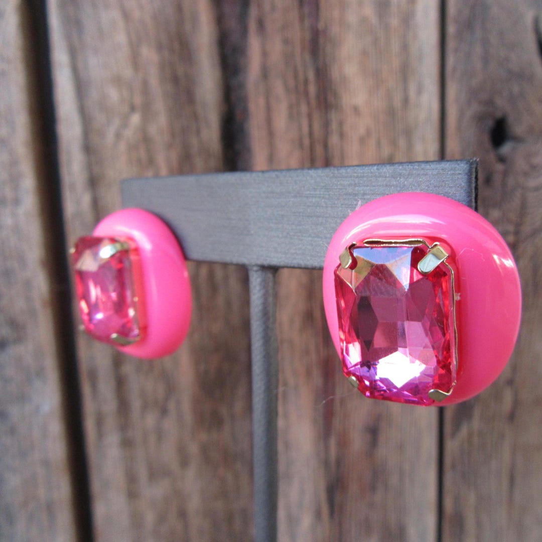 80s Resin Rhinestone Bejeweled Statement Earrings | Fuchsia Hot Pink ...