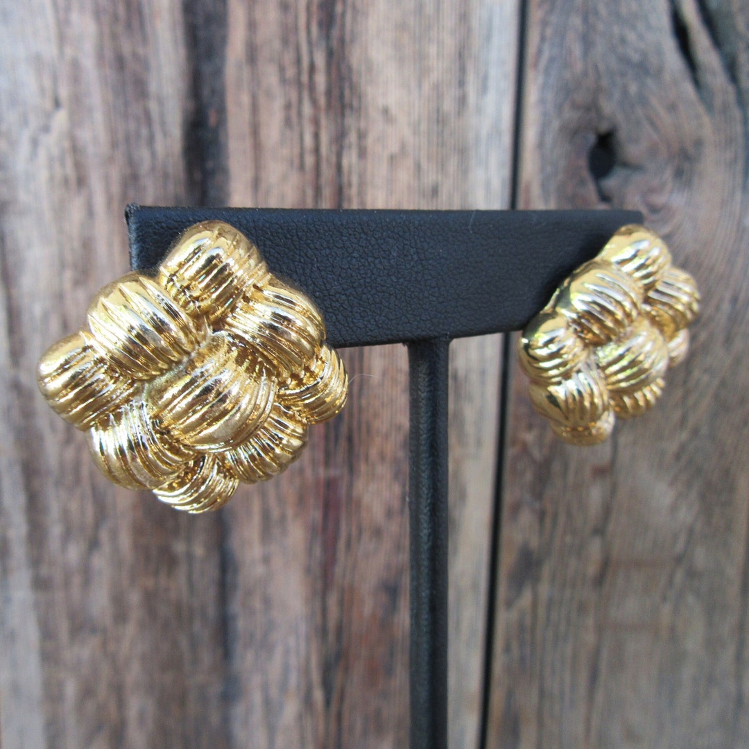 90s Gold Tone Earrings | Square Box Geo Geometric Earrings | Woven ...