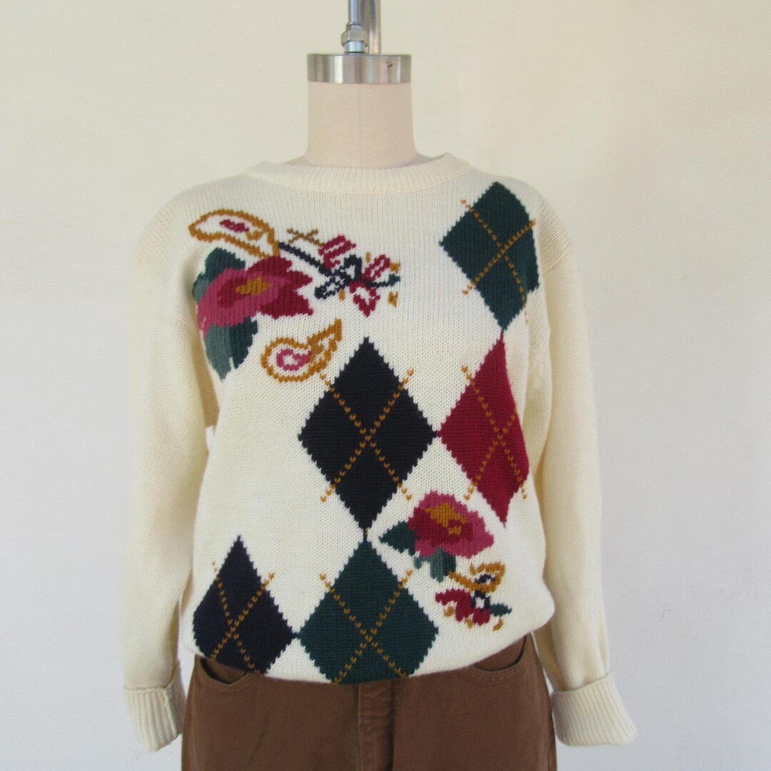 80s 90s Prep Cottagecore Sweater | Wool Blend Flower Floral Intarsia ...