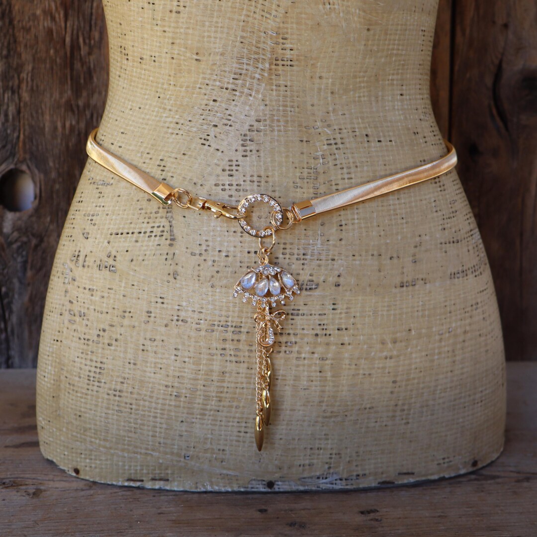 80s 90s Gold Tone Metal Stretch Slinky Belt | Rhinestone Dangle Snake ...