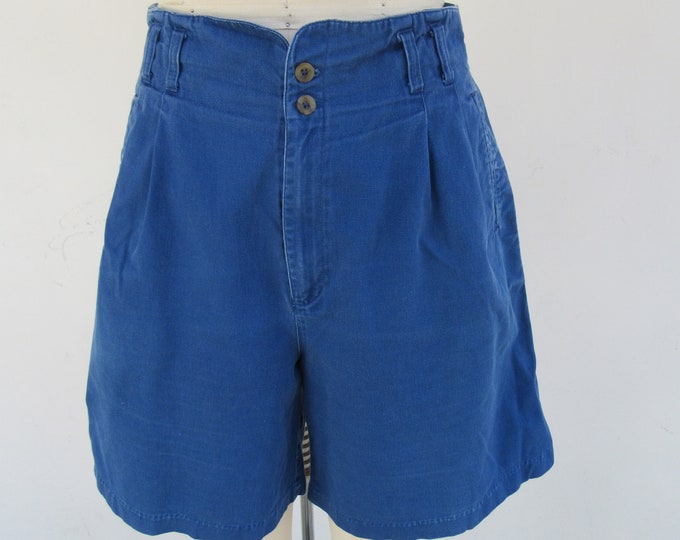 90s Royal Blue Cotton High Waist Pleated Shorts | Minimal Longline High ...