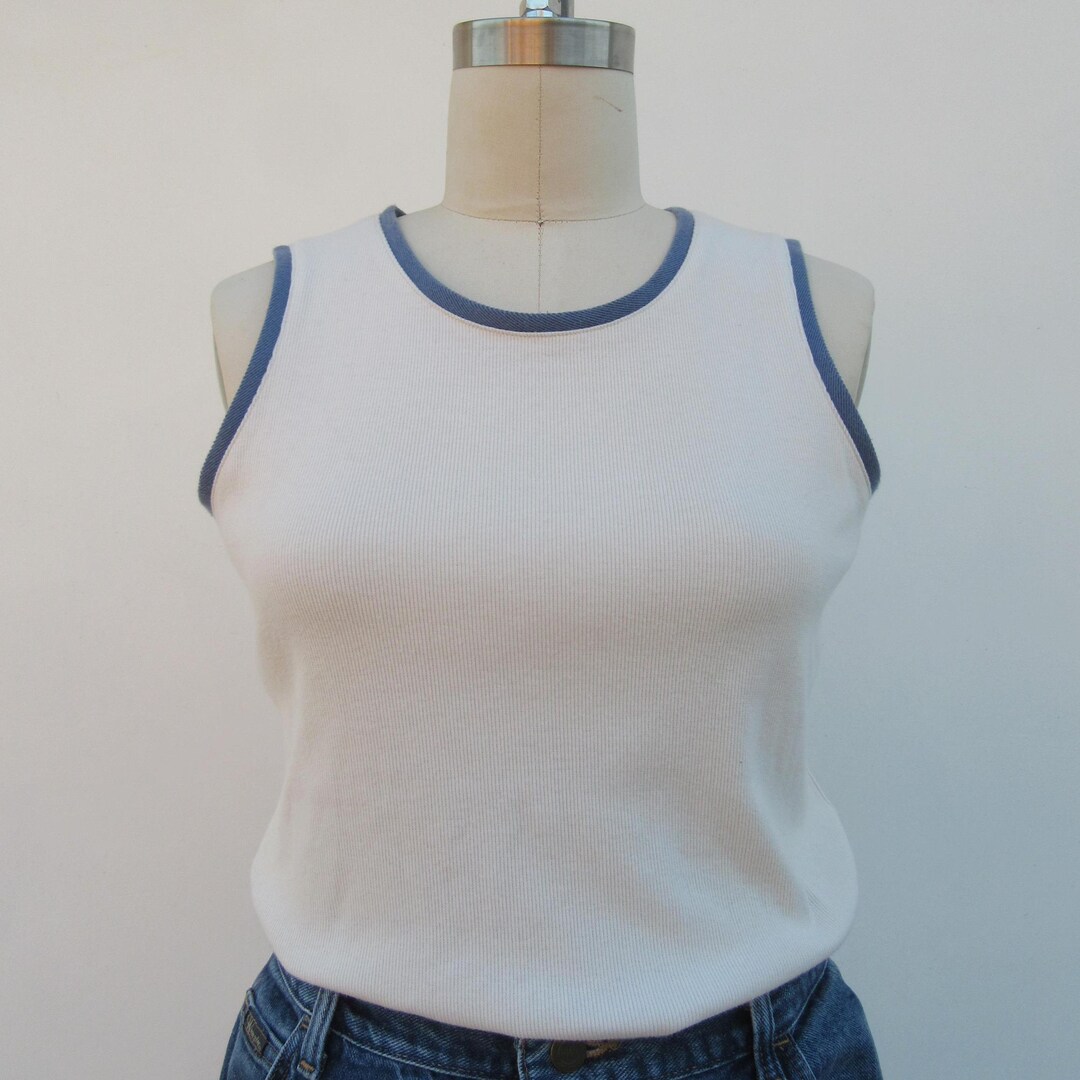 90s White and Blue Cotton Tank Top | Micro Ribbed Cotton Singlet Tee ...