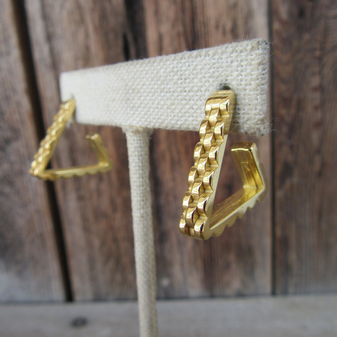90s Gold Tone Triangle Hoops | Small Track Pattern Stud Back Geo ...