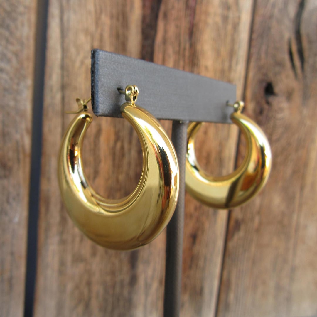 90s Earrings | Chunky Gold Tone Hoop Earrings | Lever Back Medium Large ...