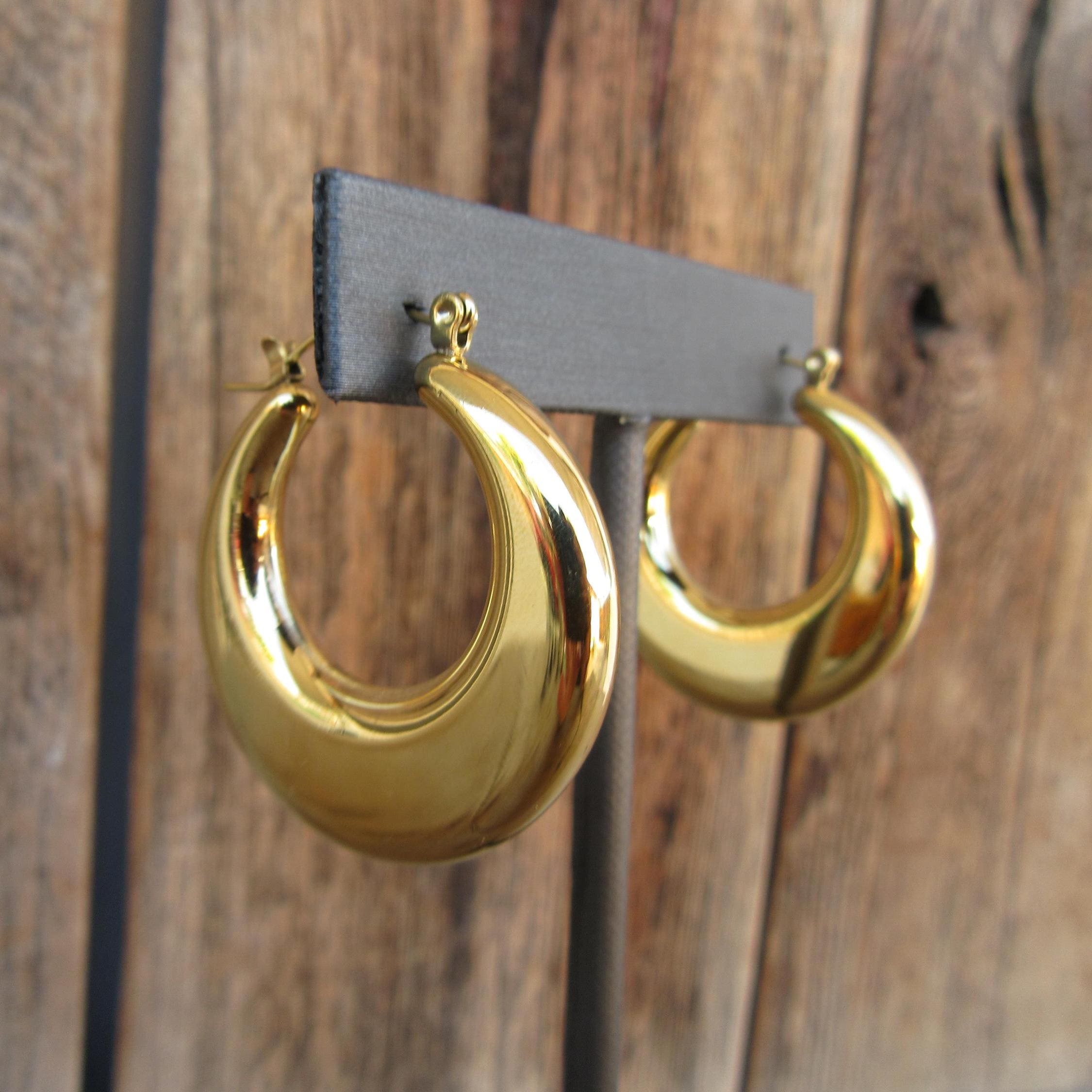 90s Earrings | Chunky Gold Tone Hoop Earrings | Lever Back Medium Large ...