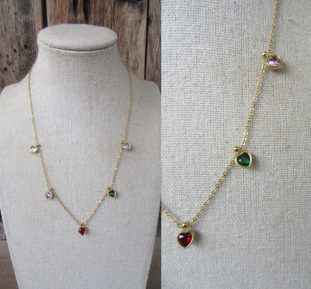 90s Bejeweled Heart Pendant | Puff Heart Necklace | Dainty Gold Chain ...