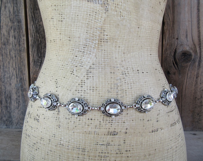 90s Silver Tone Bejeweled Chain Belt Metal Waist Belt Faceted ...