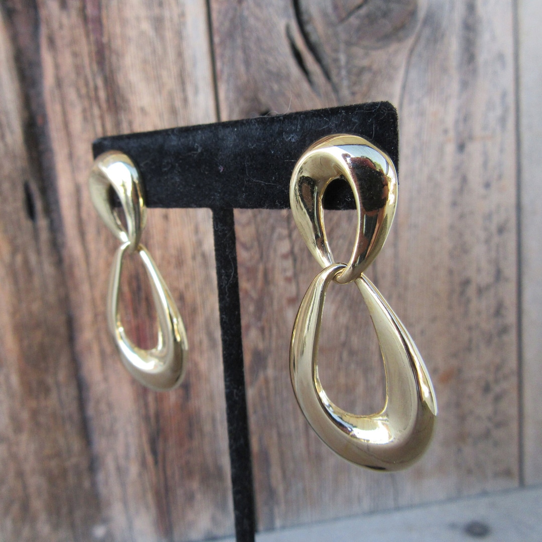90s Earrings | Gold Tone Doorknocker Earrings | Large Oval Dangle ...