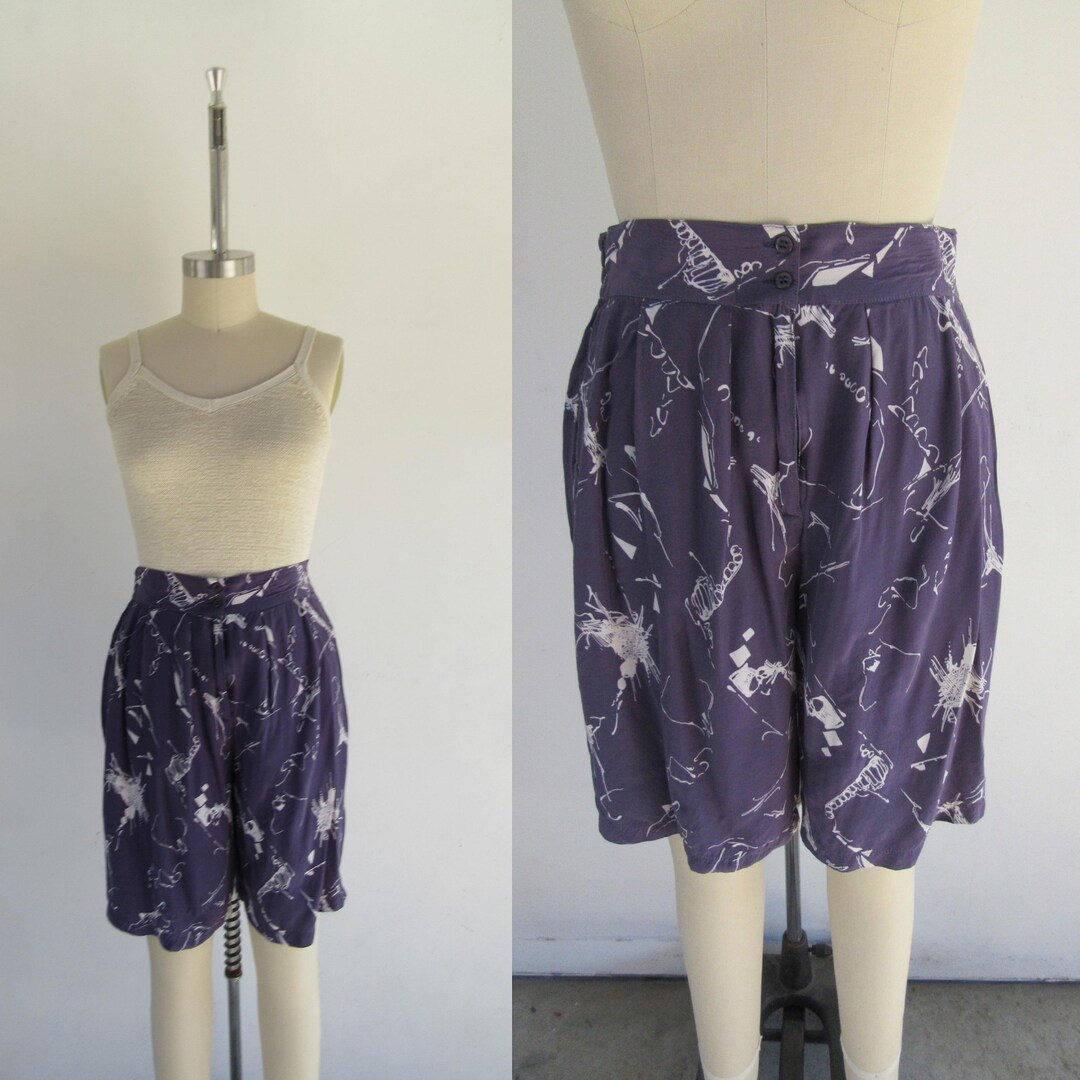 90s 80s Blue and White Pleated High Waist Rayon Shorts Abstract Print ...