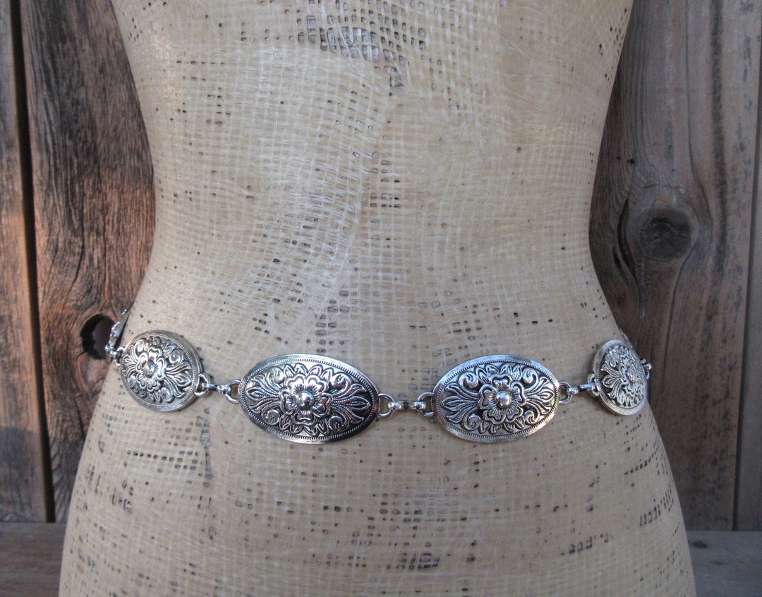 80s 90s Metal Concho Belt | Faux Silver Southwest Cowgirl Cowboy ...