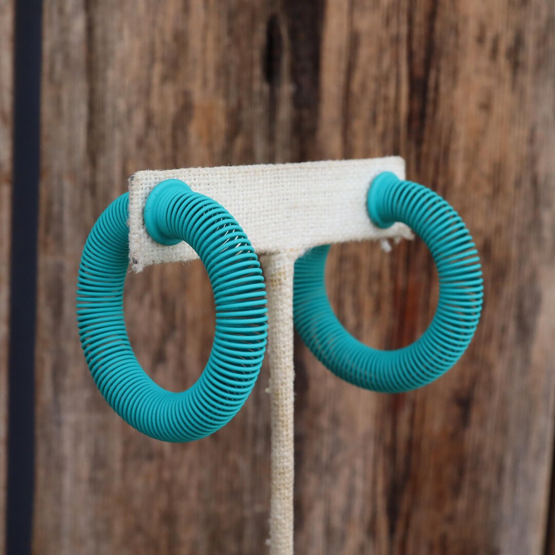 80s Teal Green Slink Eze Earrings | Slinky White Metal Coil Hoop ...