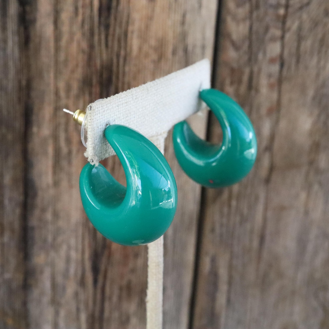 80s 90s Green Resin Hoops | Chunky Teardrop Fat Hook Half Hoops | J ...
