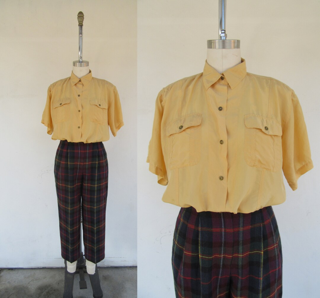 90s Custard Yellow EXPRESS Silk Button Front Blouse | Pocketed Short ...