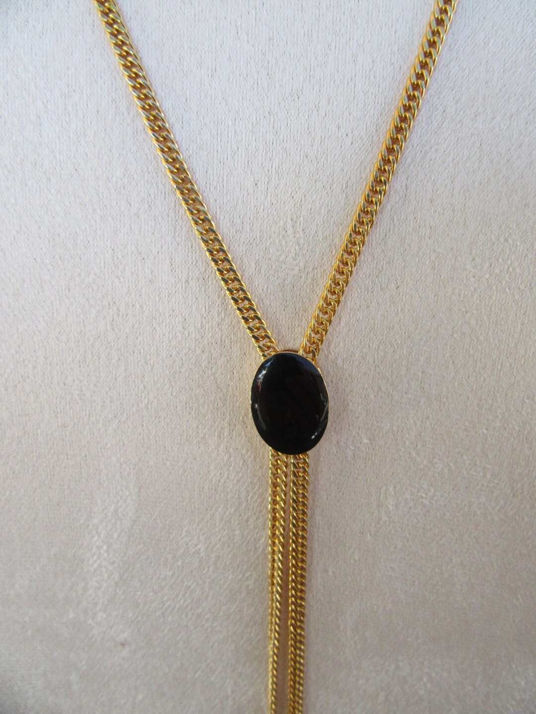 80s 90s Gold Tone Black Enamel Oval Slider Chain Necklace Bolo Necklace ...