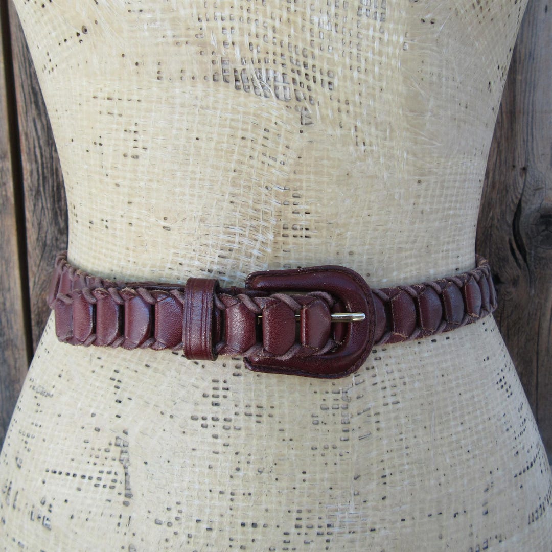 90s Cognac Brown Woven Leather Belt | Skinny Braided Leather Link Belt ...