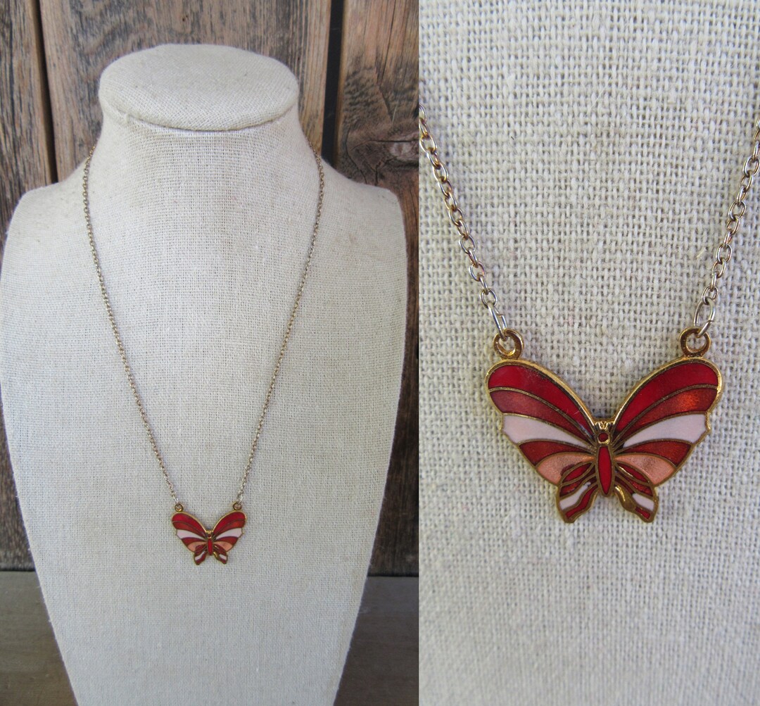80s Gold Chain Necklace | Cloisonne Butterfly Necklace | Statement ...