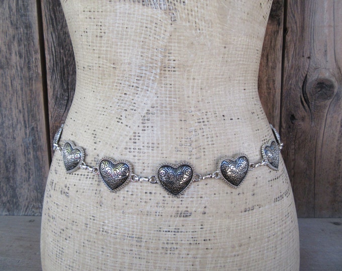 90s Etched Silver Tone Heart Concho Chain Belt | Chain Waist Belt ...