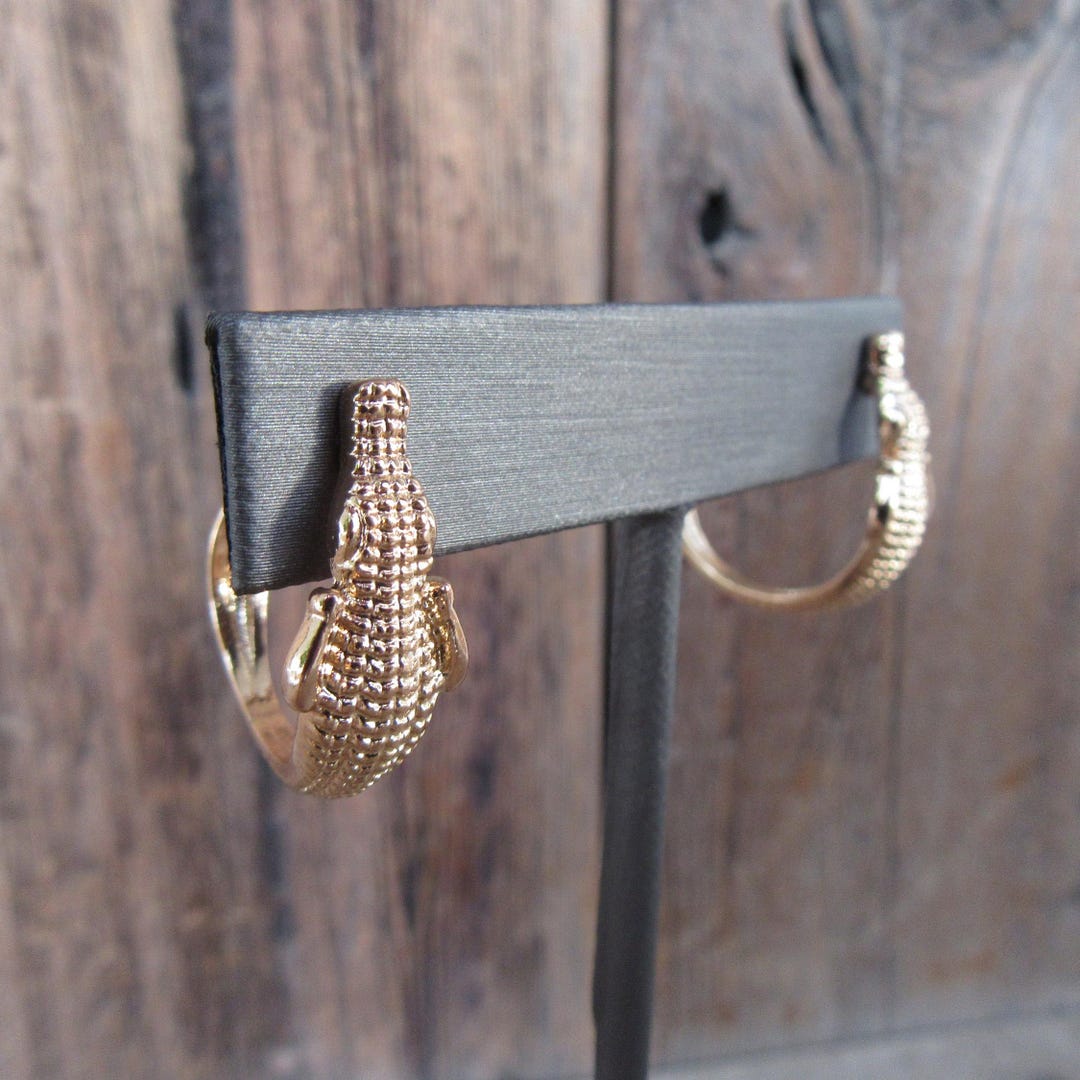 90s Gold Tone Hoops | Alligator Metal Figural Hoop Earrings | Crocodile ...
