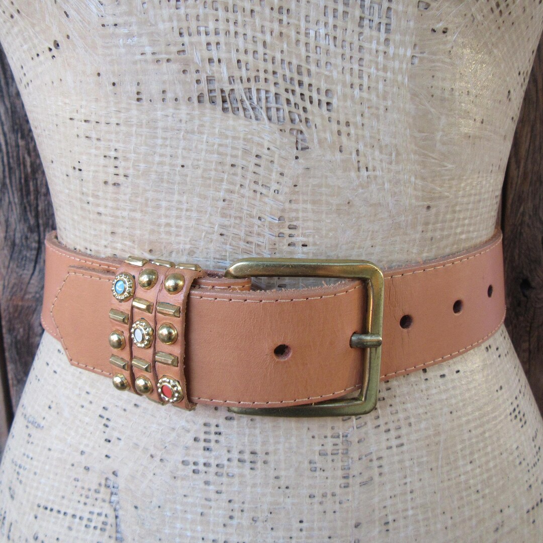 80s Caramel Brown Leather Belt | Stud Cabochon Wide Waist Belt | 22 to ...