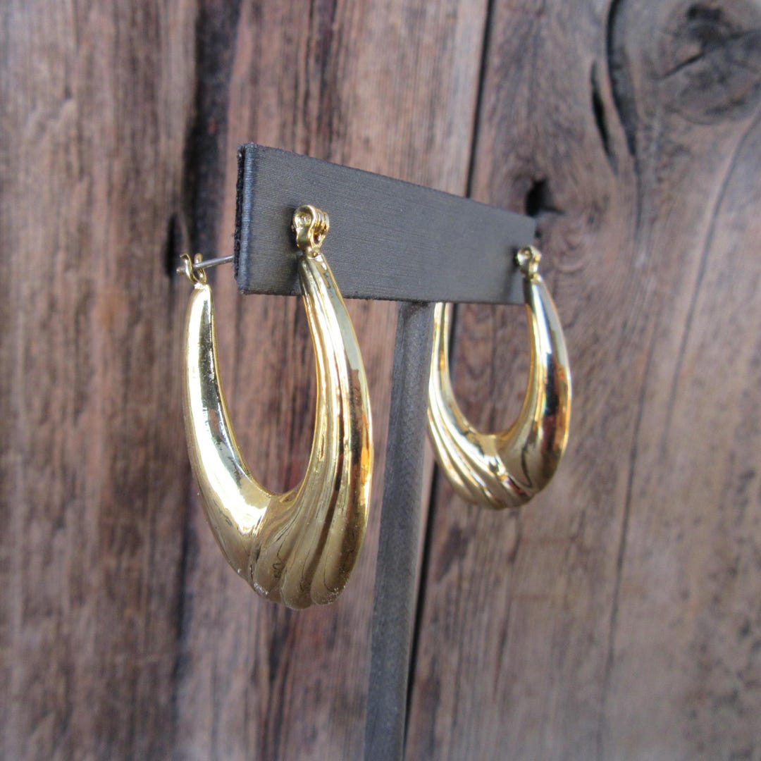 90s Gold Tone Minimal Chunky Hoops | Fluted Fat Art Deco Flair ...