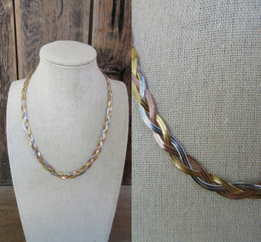 90s Gold Silver and Rose Gold Tone Slinky Necklace | Tri Tone Twist ...