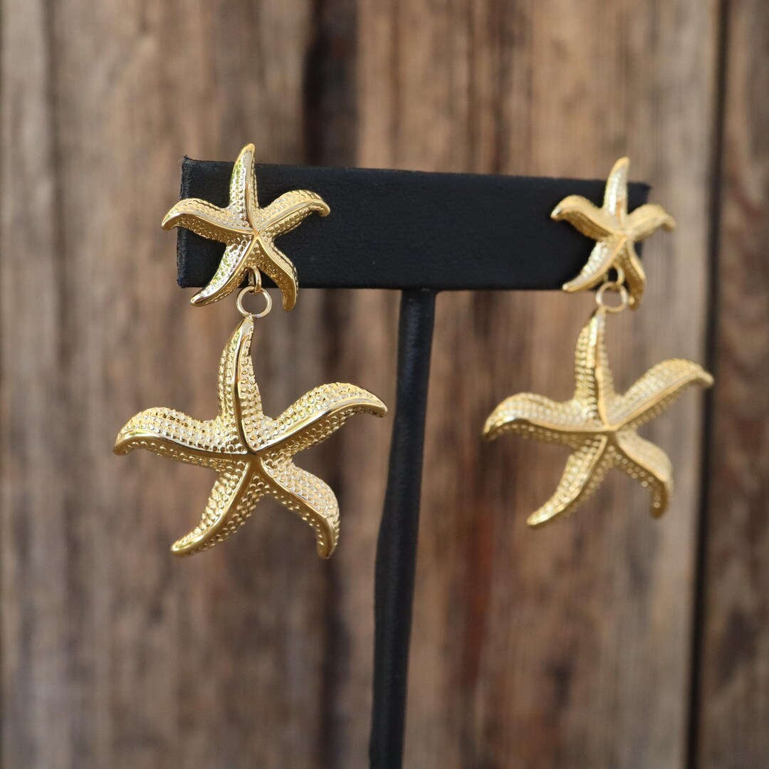90s Gold Tone Starfish Shell Earrings | Large Resort Chic Nautical Star ...