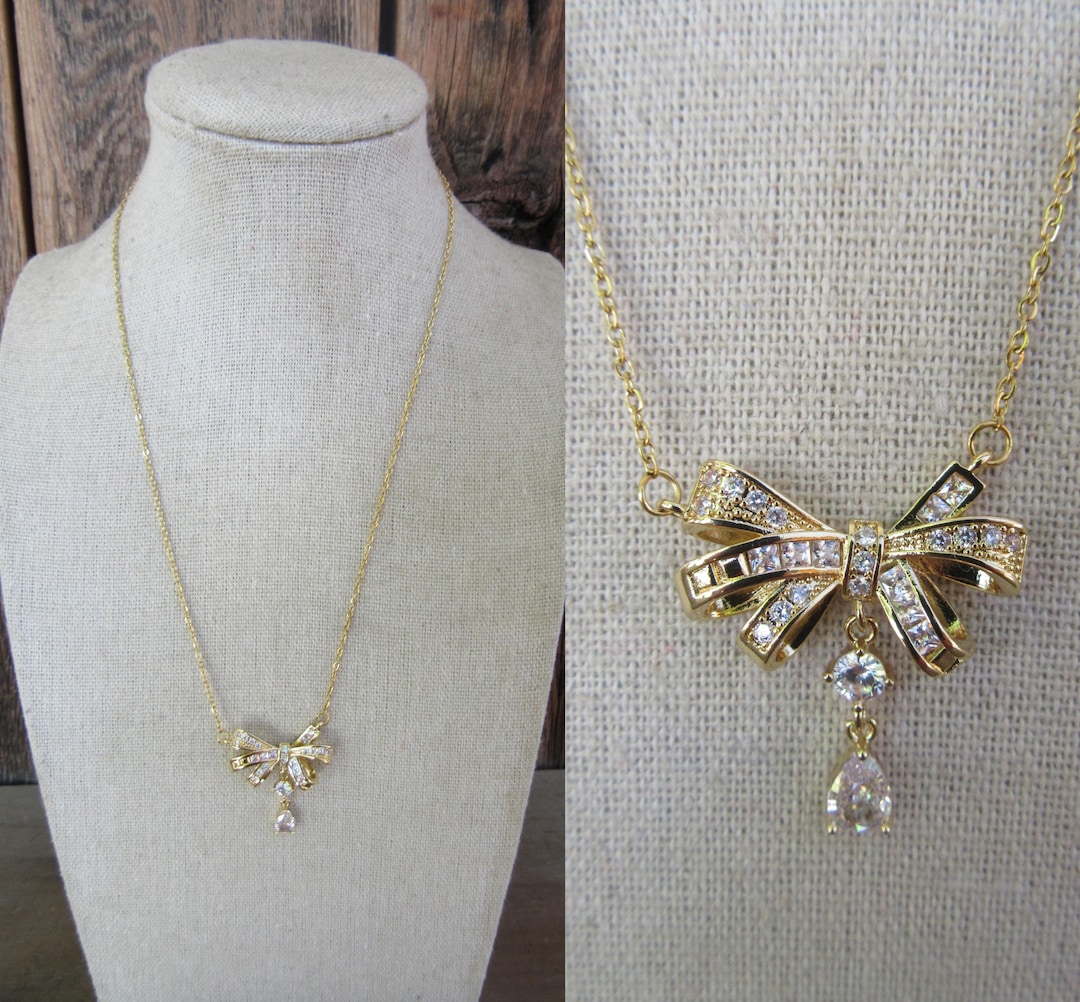 90s Bejeweled Gold Tone Rhinestone Bow Necklace | 19" Dainty Minimal ...