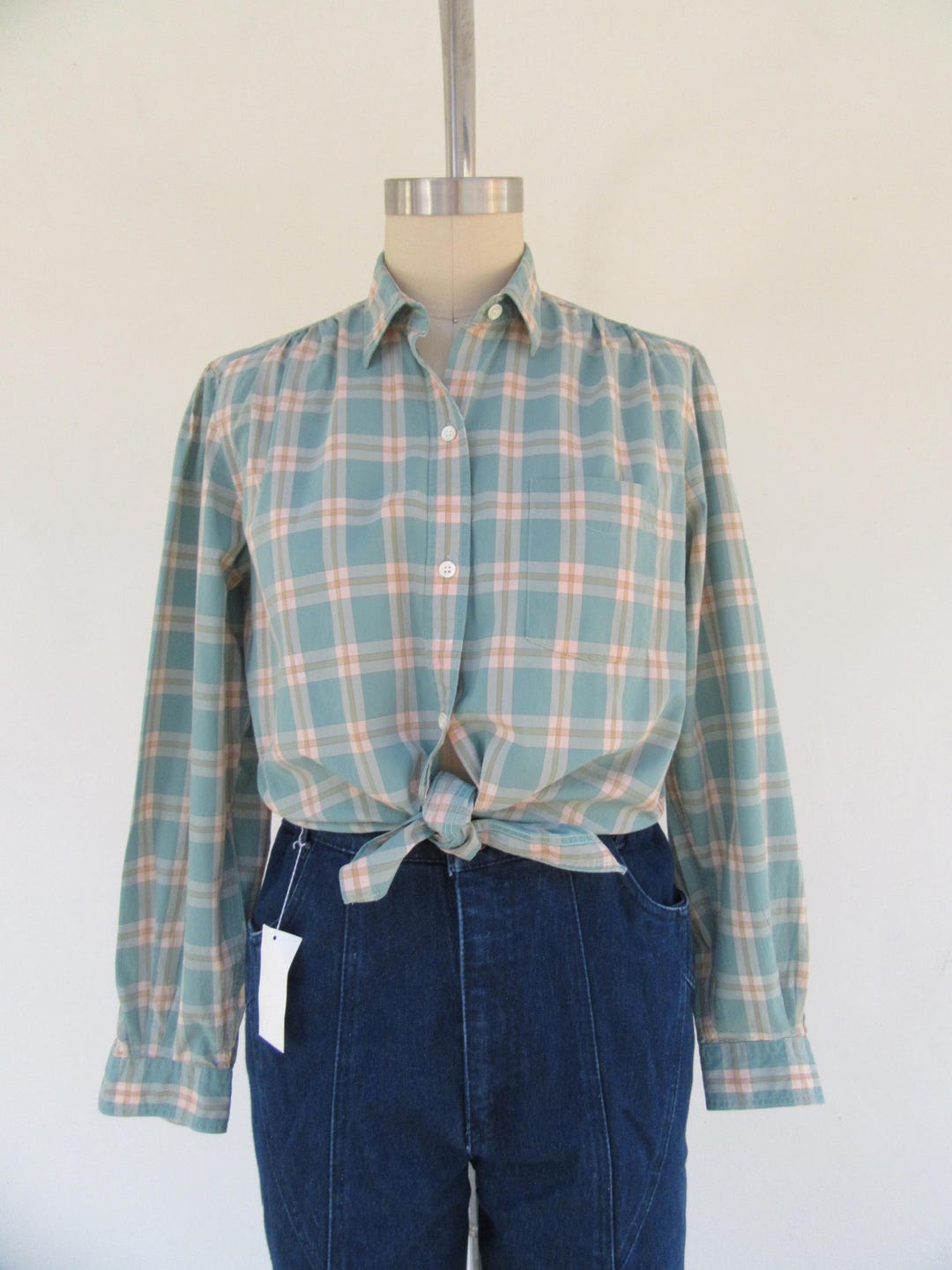 80s Cotton Cottagecore Plaid Button Front Blouse | Button Down ...