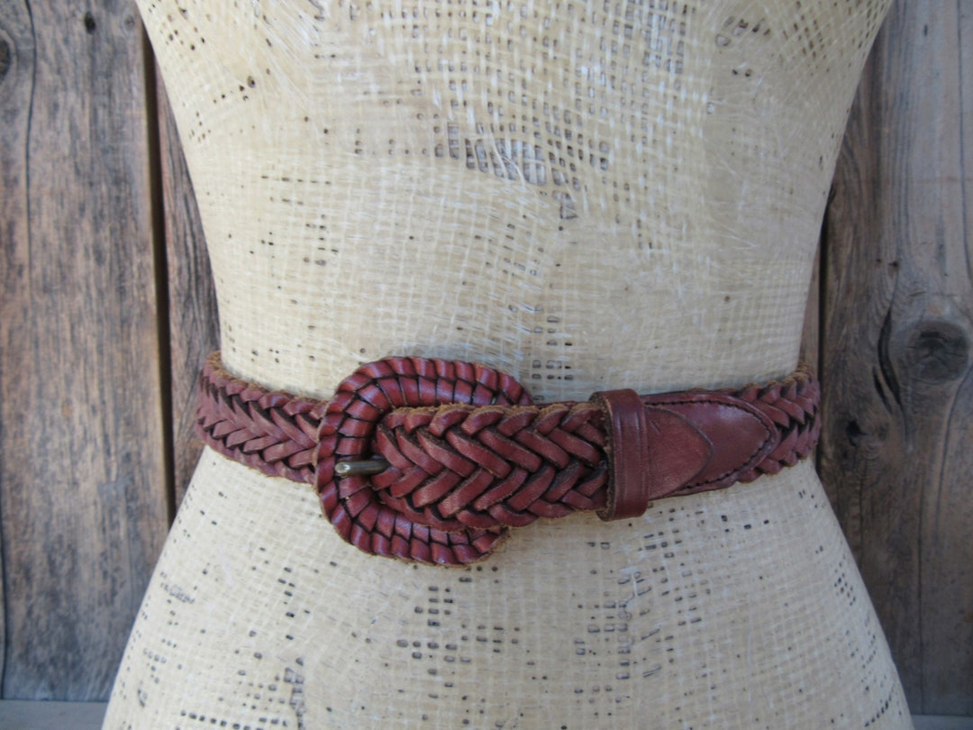 90s Cinnamon Brown Woven Leather Waist Belt | Covered Buckle Belt ...