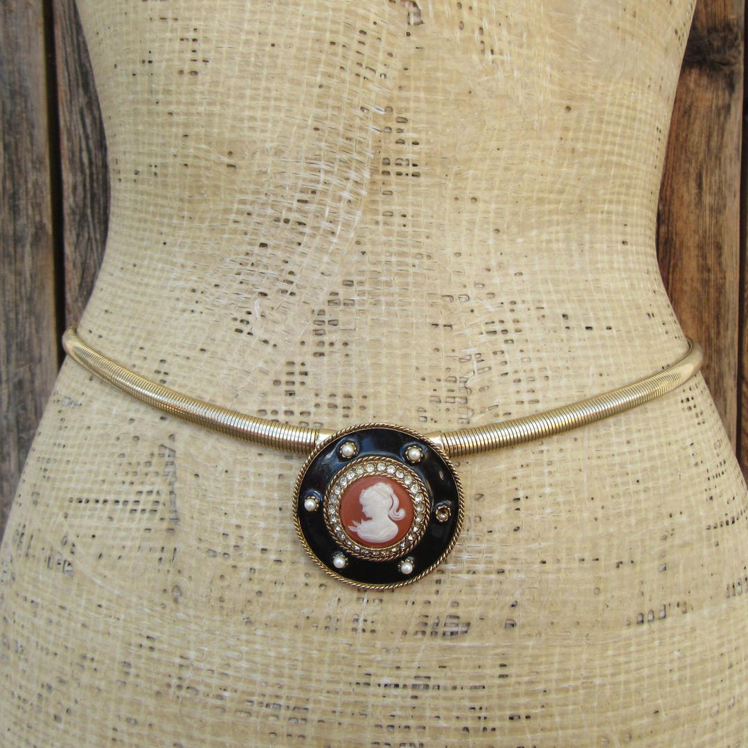 80s Gold Metal Stretch Belt | Cameo Enamel Faux Pearl Rhinestone Buckle ...