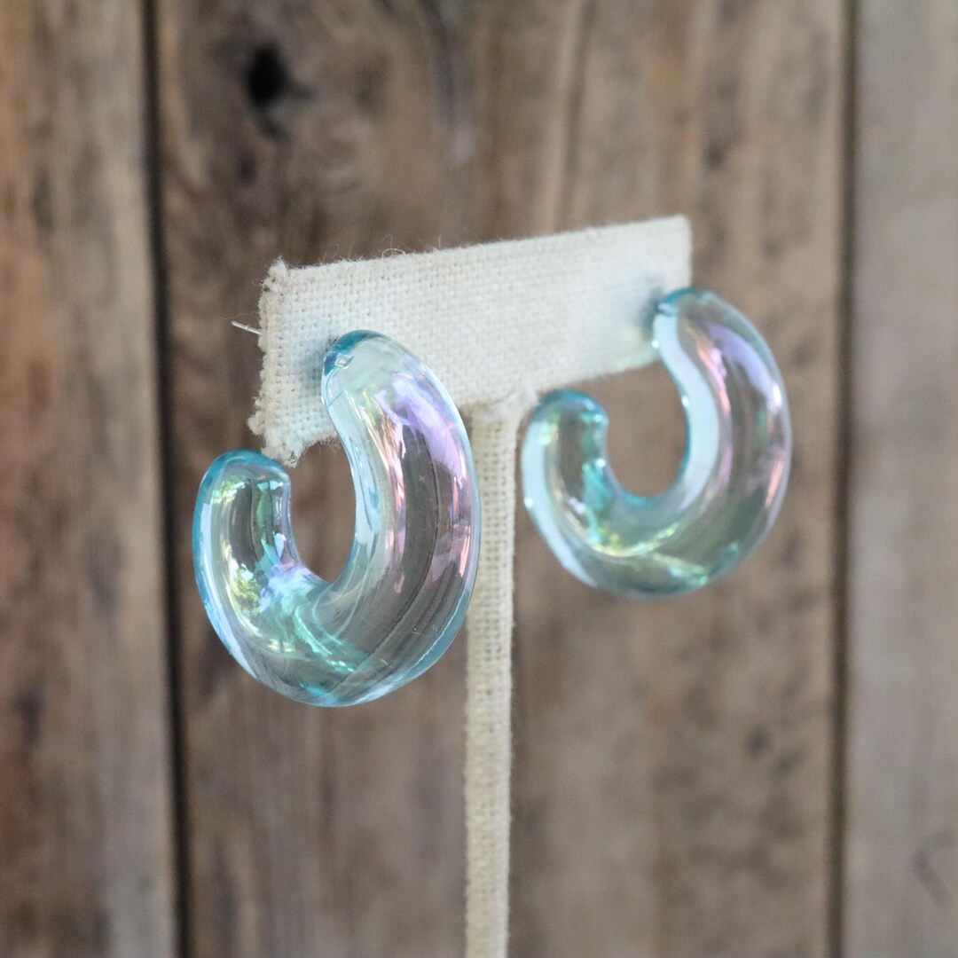 80s 90s Light Aqua Blue Warbled Oil Slick Resin Hook Hoops | J Shaped ...