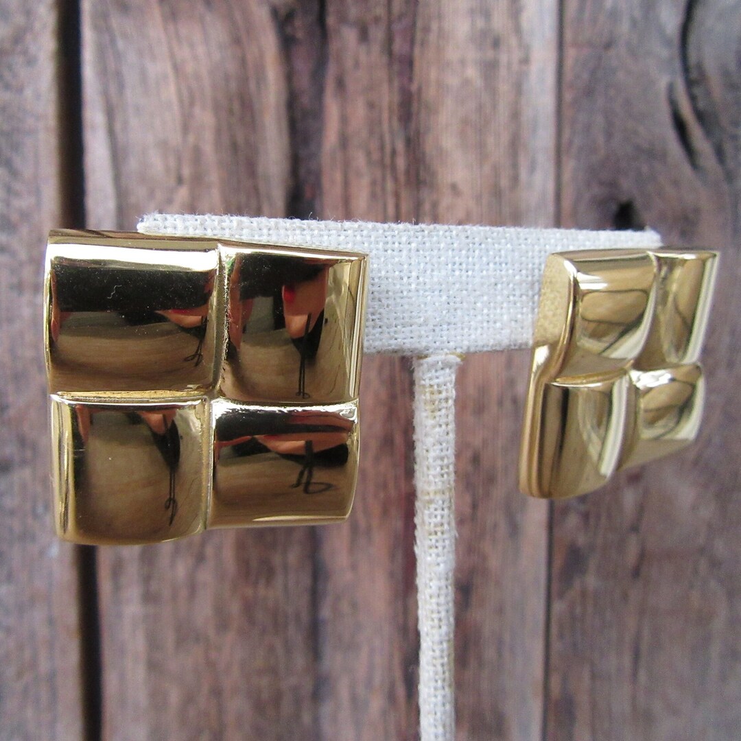 90s Gold Tone Earrings | Square Box Geo Geometric Earrings | Woven ...
