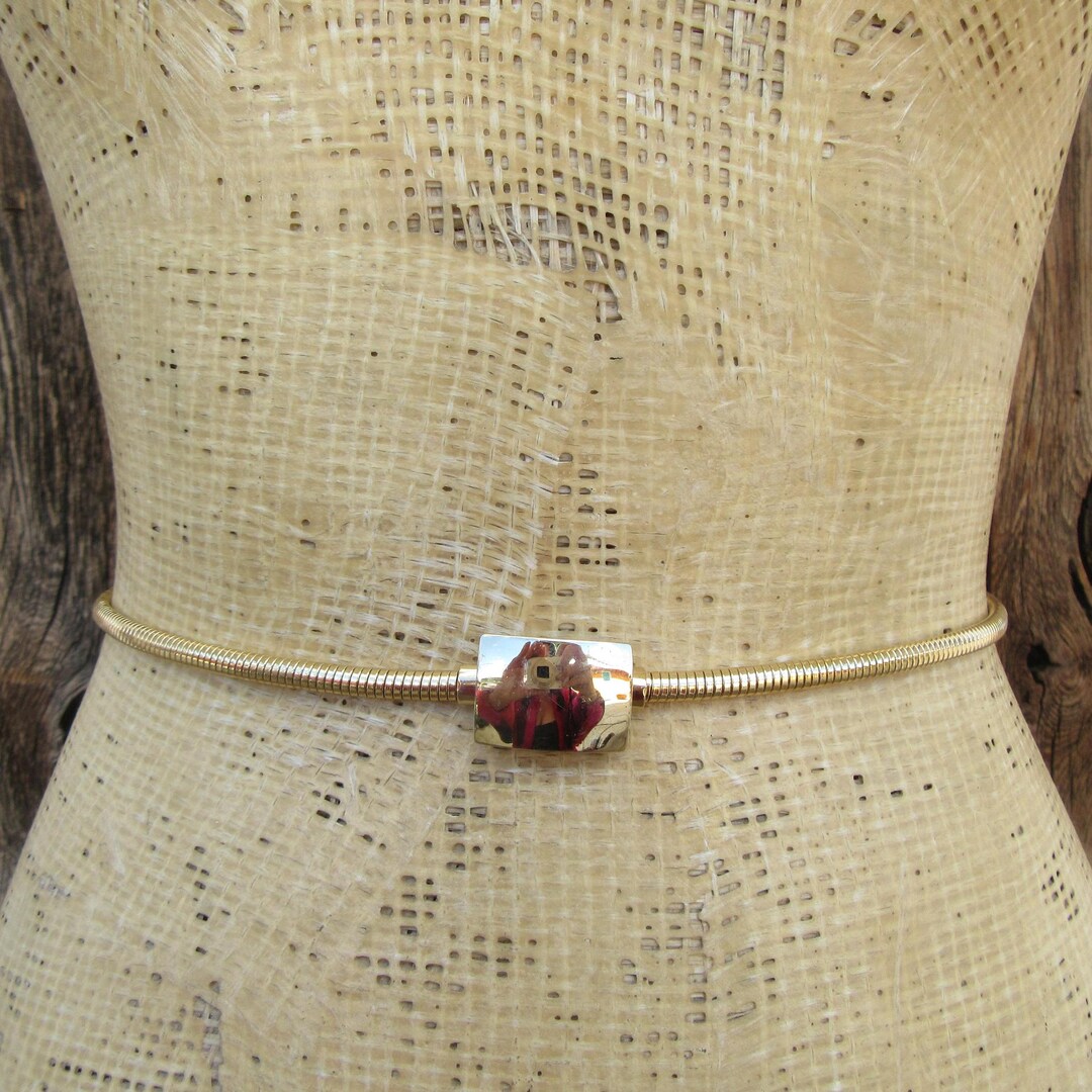 80s Gold Metal Stretch Belt | Rectangle Buckle Skinny Slinky Belt ...