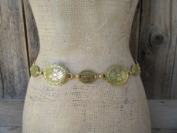 80s 90s Metal Concho Belt | Faux Gold Southwest Cowgi… - Gem