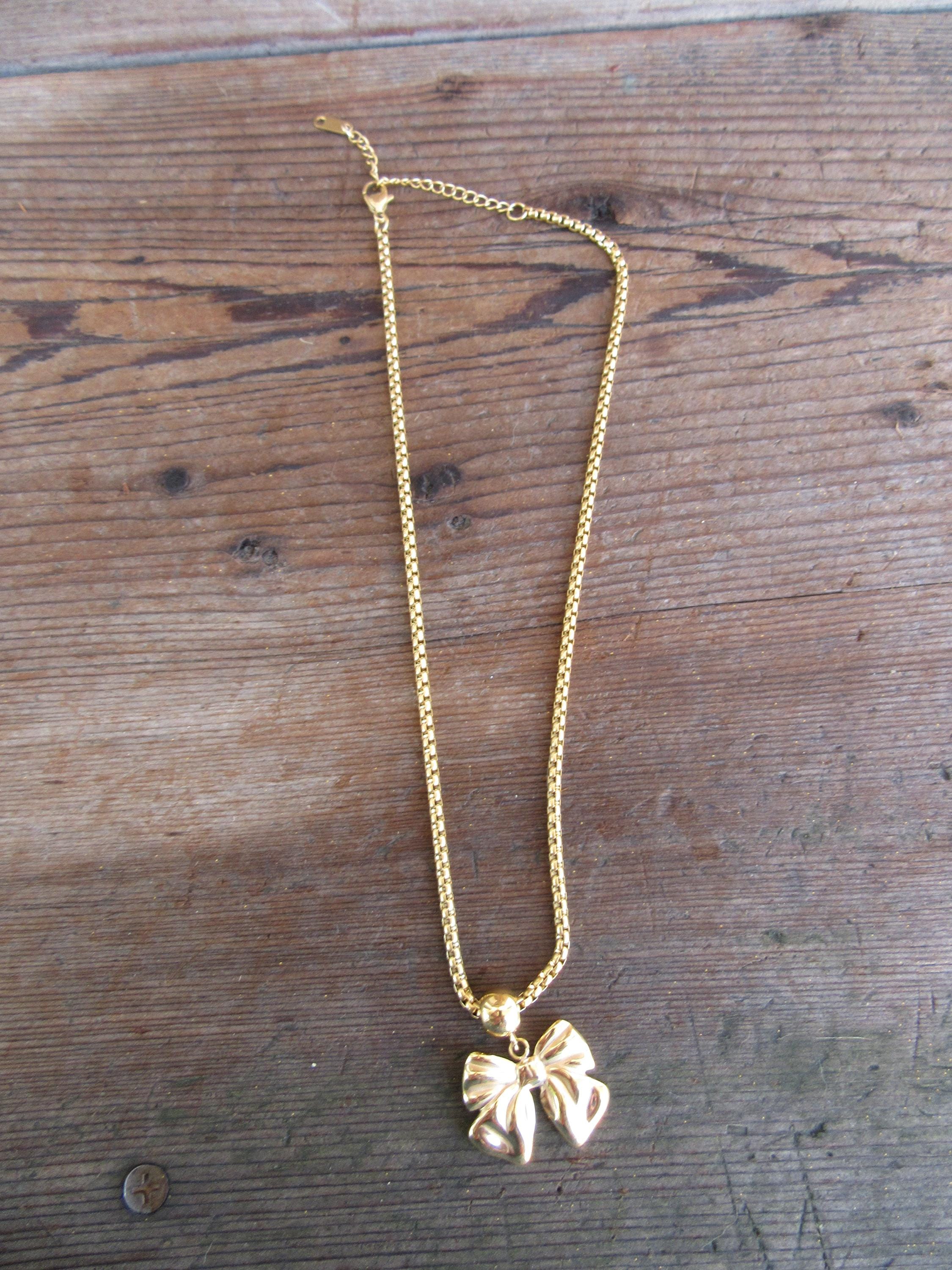 90s Y2K Gold Tone Bow Necklace | 18-1/2" Dainty Minimal Minimalist Bow ...