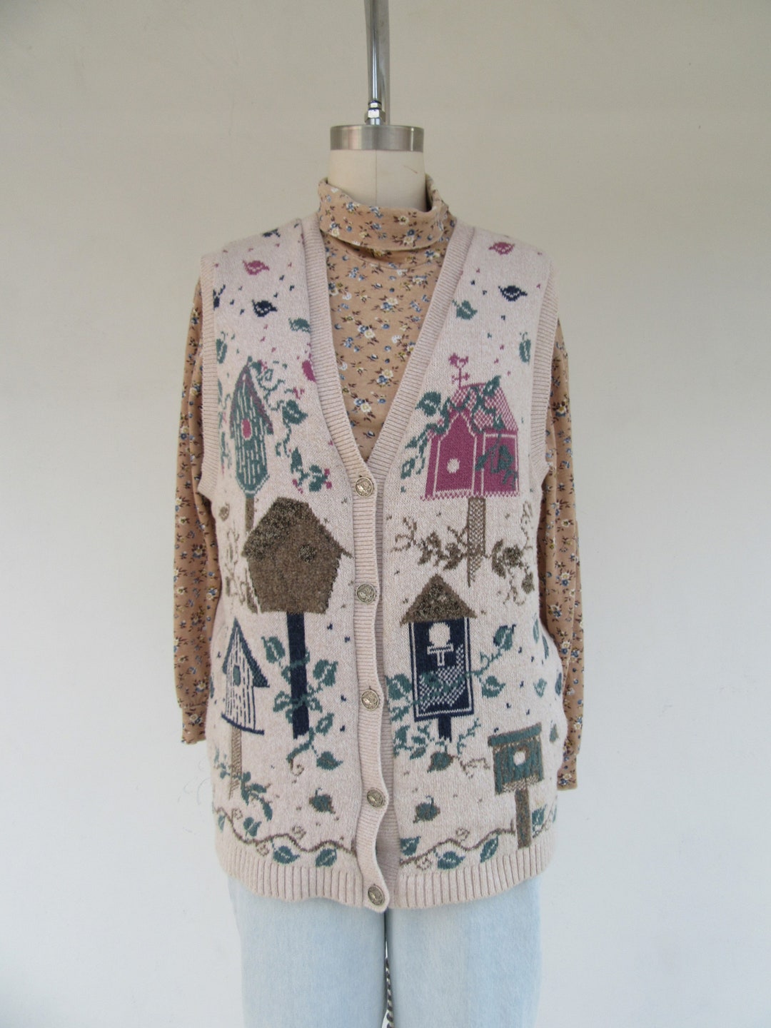 90s Cottagecore Sweater Vest Bird House Button Front Sweater Vest ...