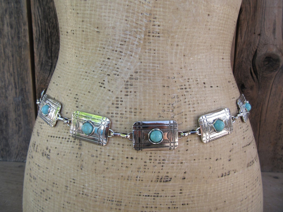 90s Silver Tone and Faux Turquoise Concho Chain Belt - Etsy