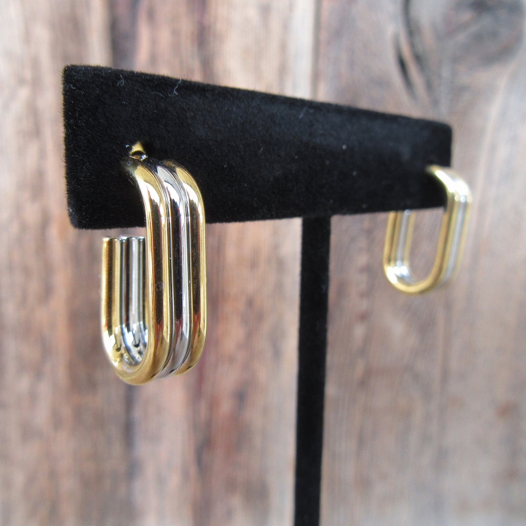 90s Two Tone Silver and Gold Tone Oval Hoops Layered Triple Huggy ...
