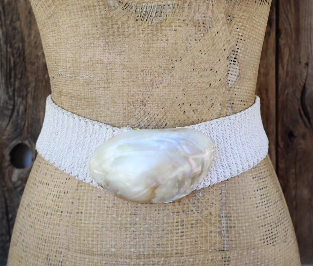 80s Stark White Charmant Shell Buckle Raffia Look Stretch Belt | Wide ...