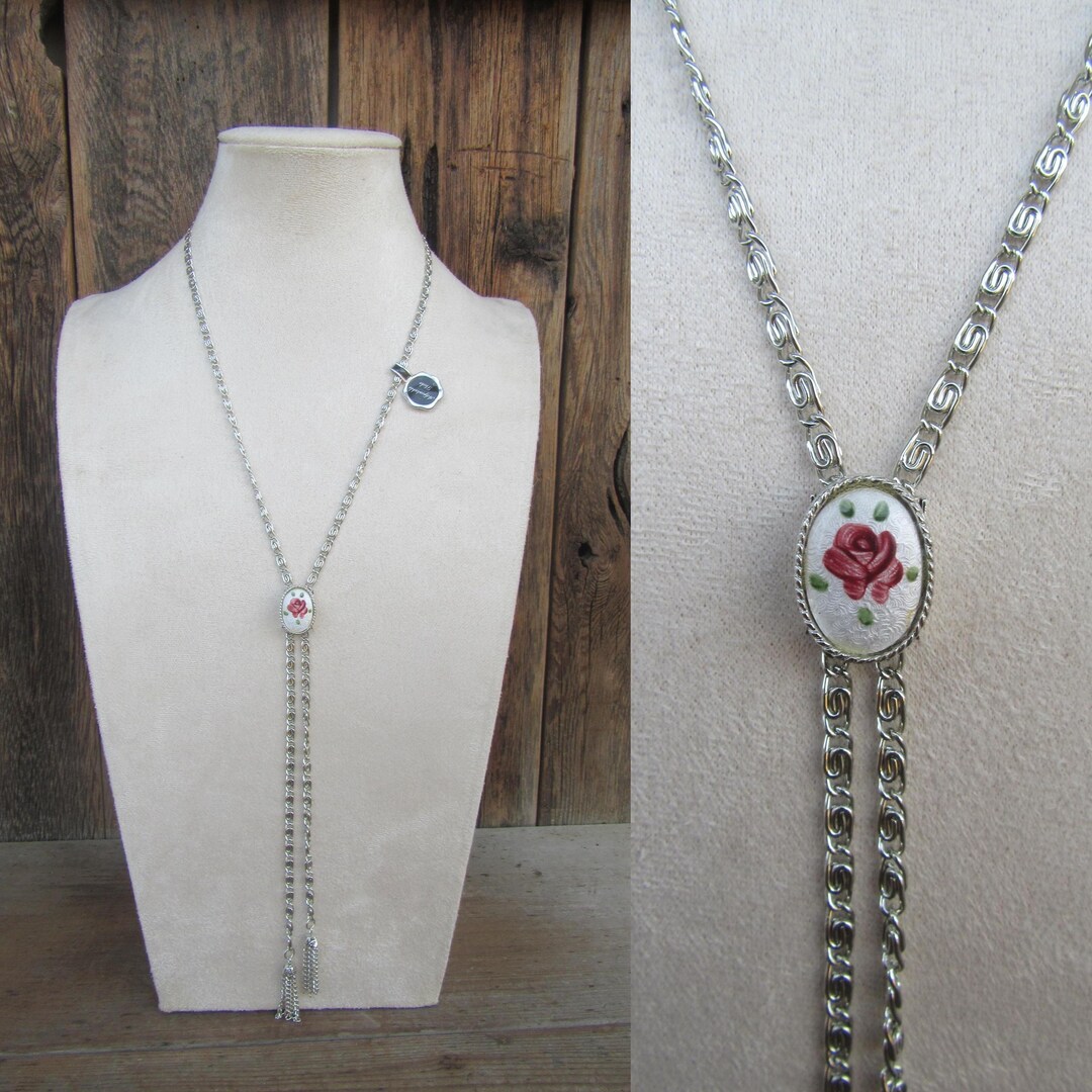 70s 80s Cloisonne Floral Long Lariat Flower Slider Necklace ...